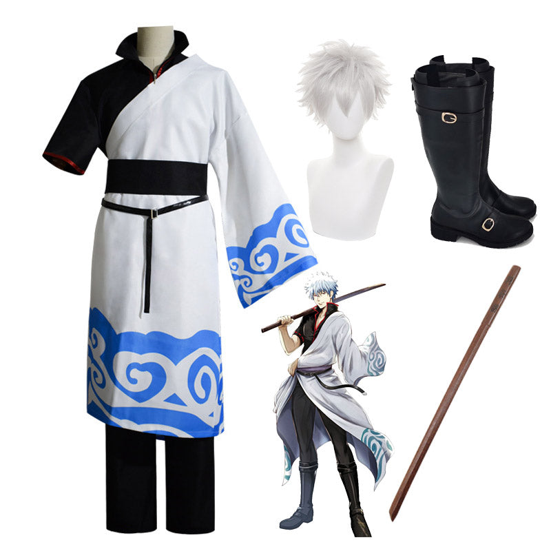 Anime Silver Soul/Gintama Gintoki Sakata Costume Kimono Suit+Wigs+Boot ...