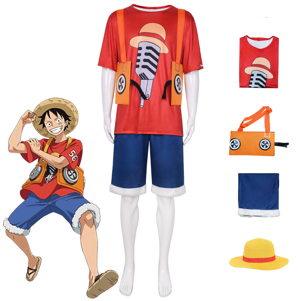 Anime One Piece Movie Red Straw Hat Monkey D. Luffy Costume Outfit Wit ...