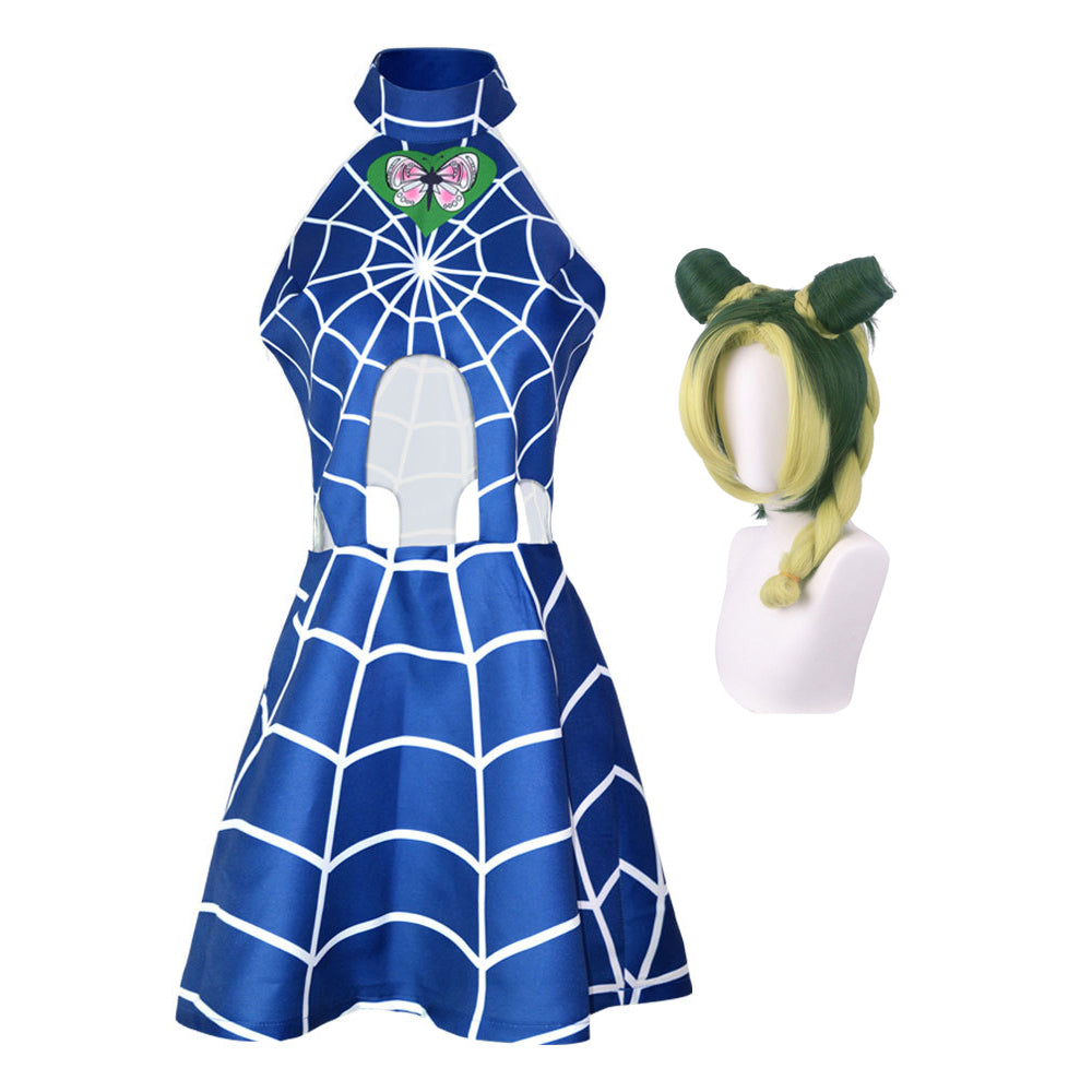 JOJO Jolyne Cujoh Blue Dress Costume+Wigs Halloween Cosplay Outfit ...