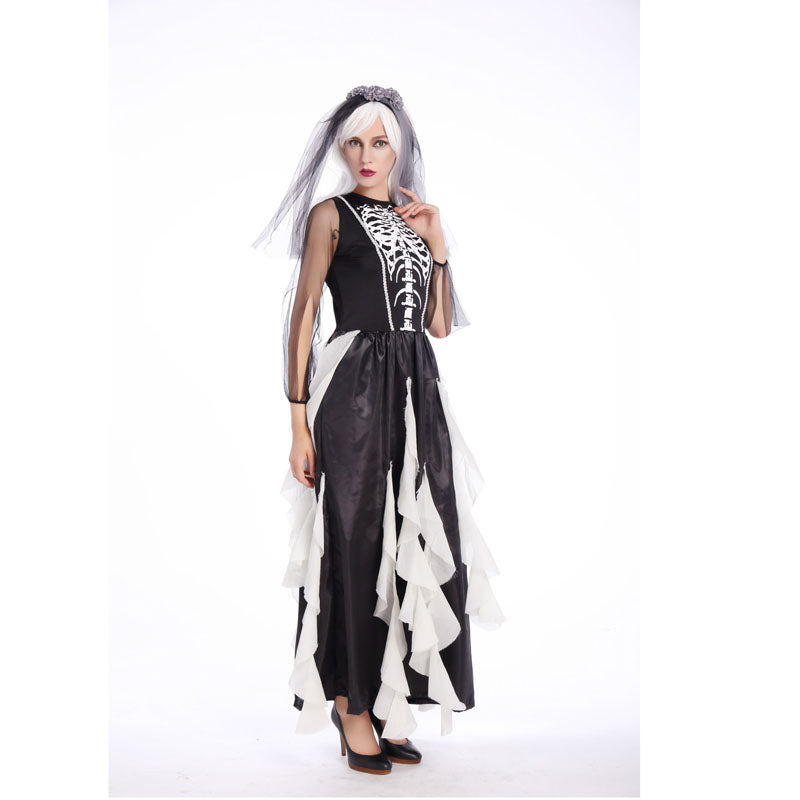 Adults Women Black and White Skeleton Bride Wedding Dress Halloween Co ...