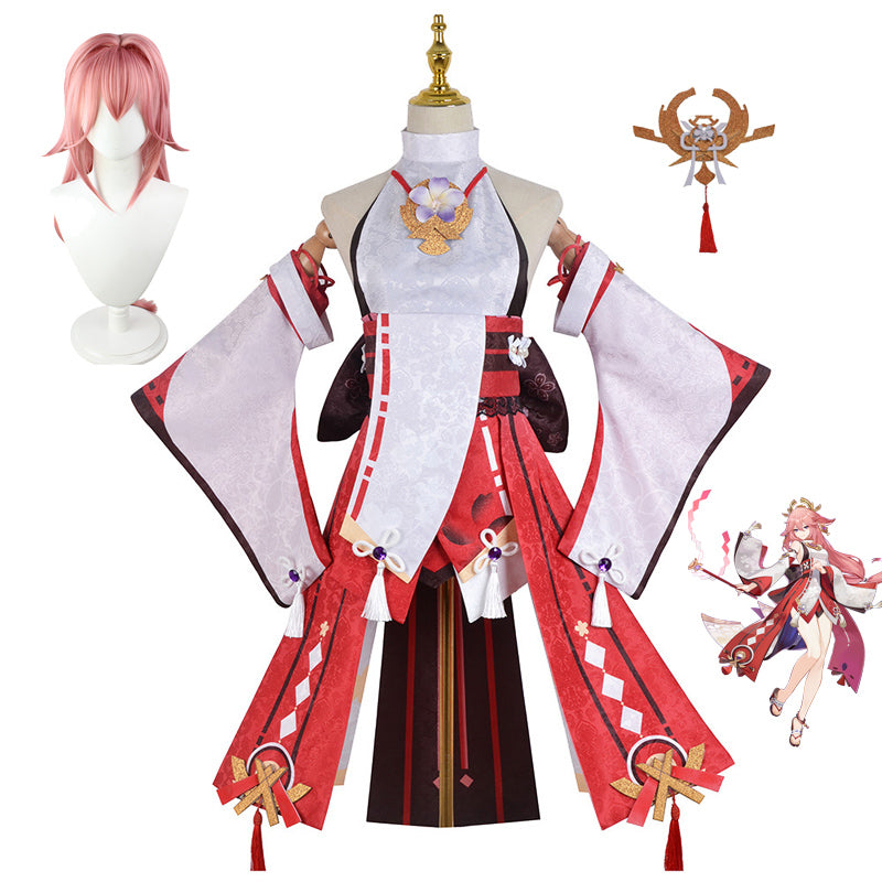 Genshin Impact Costume Yae Miko Costume+Wigs Set Halloween Carnival Co ...