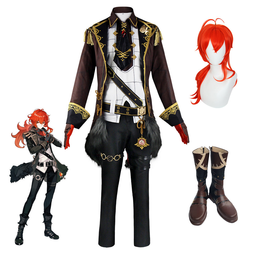 Genshin Impact Diluc Costume With Wigs and Boots Halloween Whole Set D ...